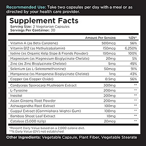 Livingood Daily Thyroid Support - Premium Supplement with Ashwagandha, Selenium, Iodine (from Kelp & Fronds), Zinc, L-Tyrosine, Copper, and Cordyceps - Focus, Metabolism, and Energy - 60 Capsules