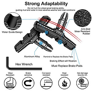 Bike Brakes Pads Set, Brakes Kit, Road Mountain Cycle Bicycle Rubber Universal V-Brake Blocks Shoes with Hex Nut Tools and Shims, No Noise No Skid, 70mm, Fits Most Bikes MTB City Folding Bike Pads