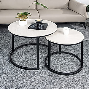 Miereirl Round Nesting Coffee Table Set 2 for Living Room Bedroom Office Side End Tables Sturdy Metal Frame and Faux Marble Table Top White Grey