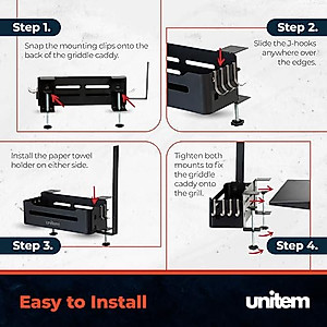 unitem Griddle Caddy for Blackstone 17"/22"/28"/36" Griddles/Prep Cart with Side Shelf, Space Saving for BBQ Grill Accessories Storage Box with Magnetic Strip, Paper Towel Holder & 6 J-Hooks
