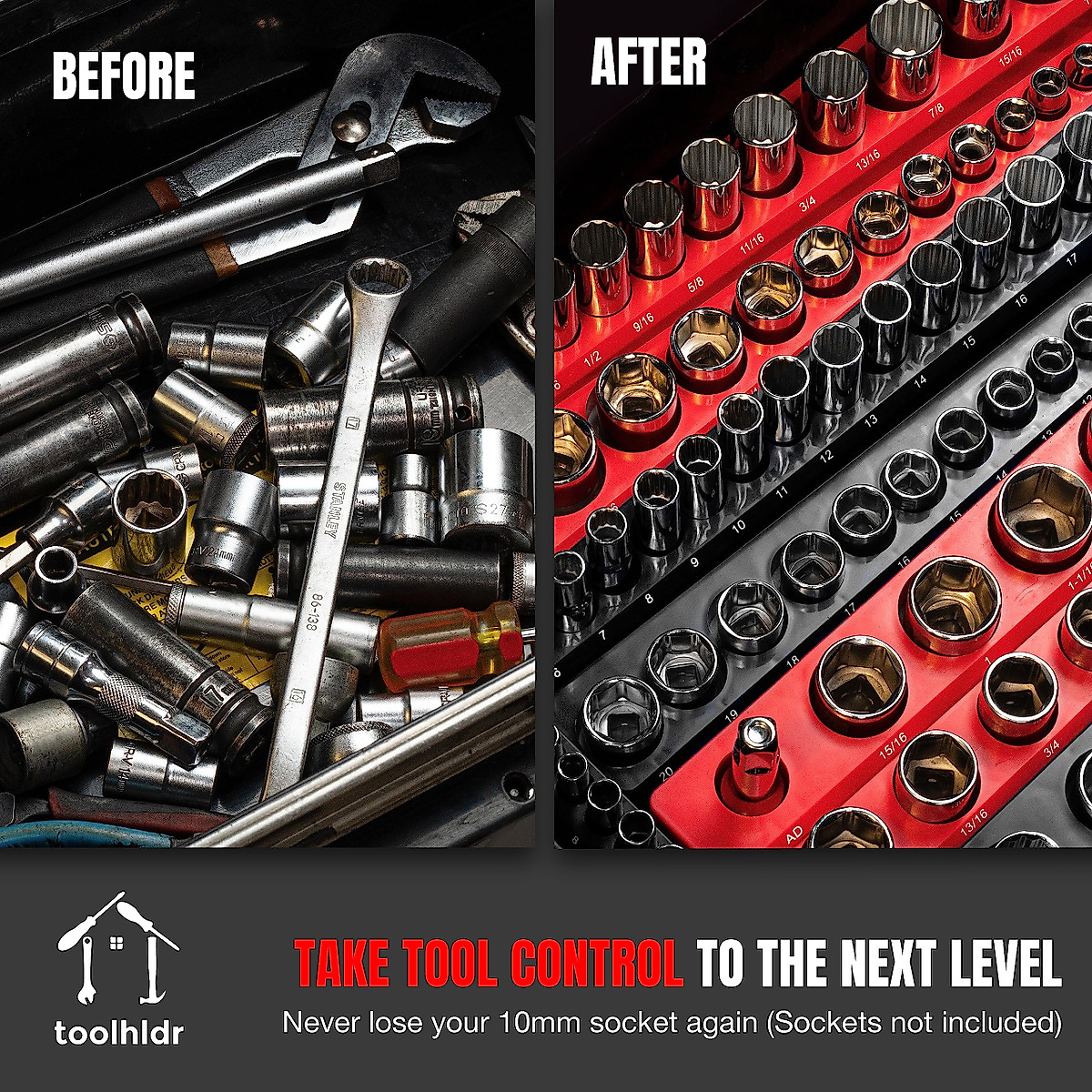 toolhldr Magnetic Socket Organizer - Metric & SAE Socket Tool Organizer Storage for 1/4", 3/8", 1/2" Drives - Fits Drawers, Toolboxes, Attaches to Metal Wall - Easy-to-Read - 6-Pack Black and Red