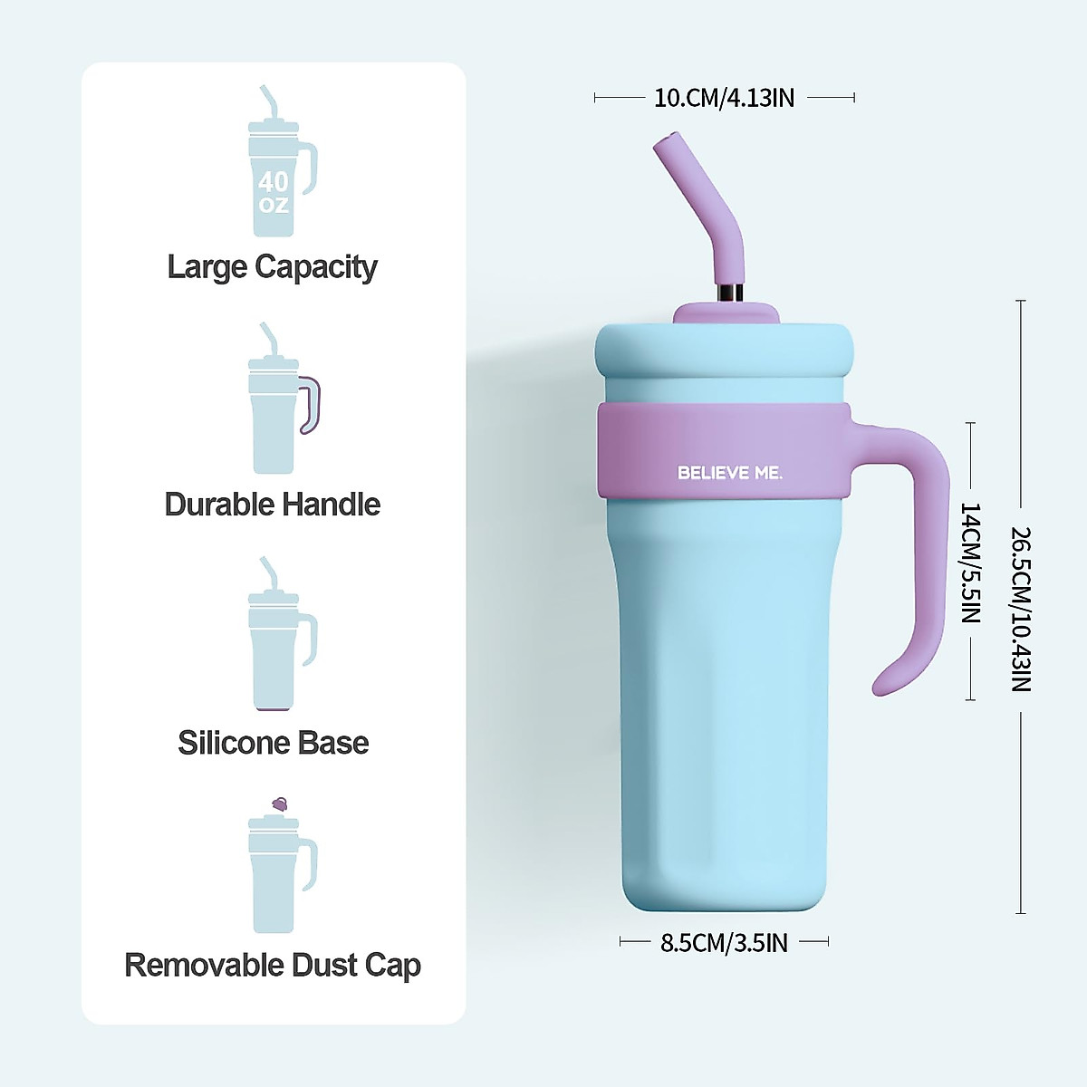 40 oz Tumbler with Handle, Stainless Steel Double Wall Vacuum Bottle Travel Mug, 100% Leakproof Insulated Tumbler with Straw and Lid, Reusable Coffee Cup for Gift (Blue)