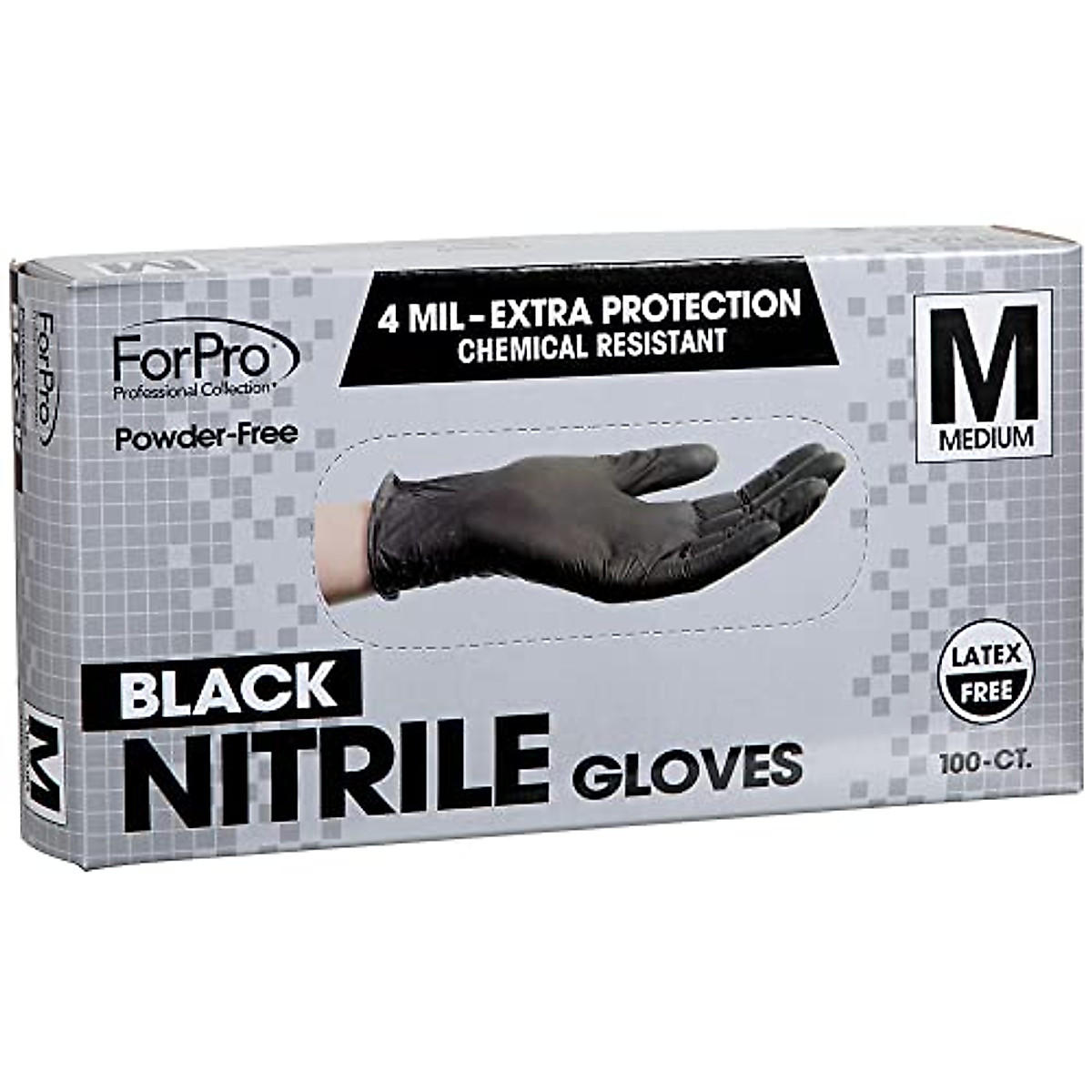ForPro Disposable Nitrile Gloves, Chemical Resistant, Powder-Free, Latex-Free, Non-Sterile, Food Safe, 4 Mil, Black, Medium, 100-Count