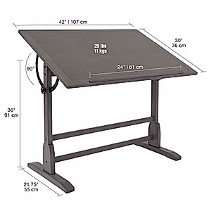 SD STUDIO DESIGNS Vintage Solid Wood Drawing 42" x 30" Angle Adjustable Top Drafting Table, 42", Slate Gray