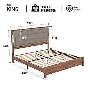 SAMTRA Wooden King Size Bed Frame with Upholstered Tall Headboard, Farmhouse Platform Bedframe with Led Lights & Charging Station, Sturdy Wood Slat Supports, Easy Assembly (Classic Brown)