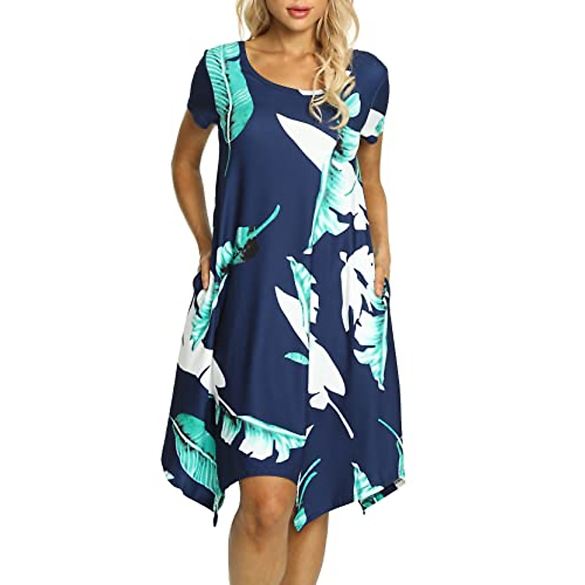 Invug Women Casual Loose Soft Crewneck Short Sleeve Pockets Swing T-Shirt Zigzag Hem Dress Green Leaf 3XL