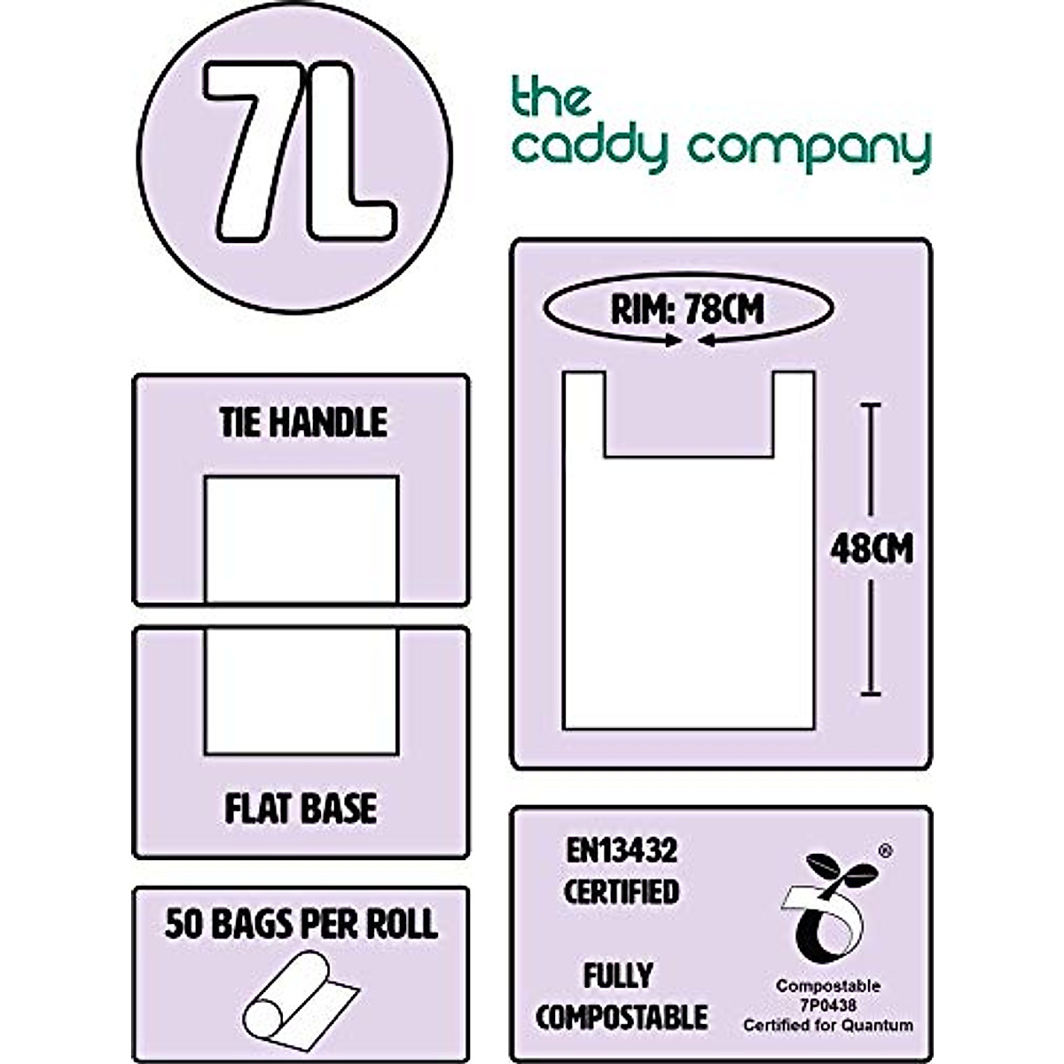 The Caddy Company 7L Tie Handle Compostable Kitchen Caddy Liners-7 Litre, 100 Bags, 21 x 10 x 5 cm, Green, 2 Pack