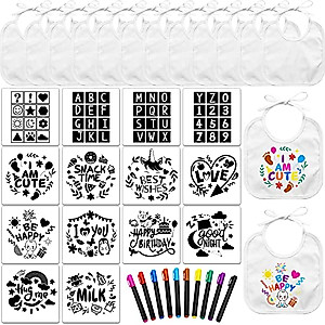 38 Pcs DIY Baby Bibs Set Includes 14 Bibs and 14 Stencils with 10 Fabric Markers 2 Ply Knit Terry Feeder Bibs Baby Drooling Bibs Newborn Cloth Bibs for Baby Shower Party Baby Gender Reveal Games