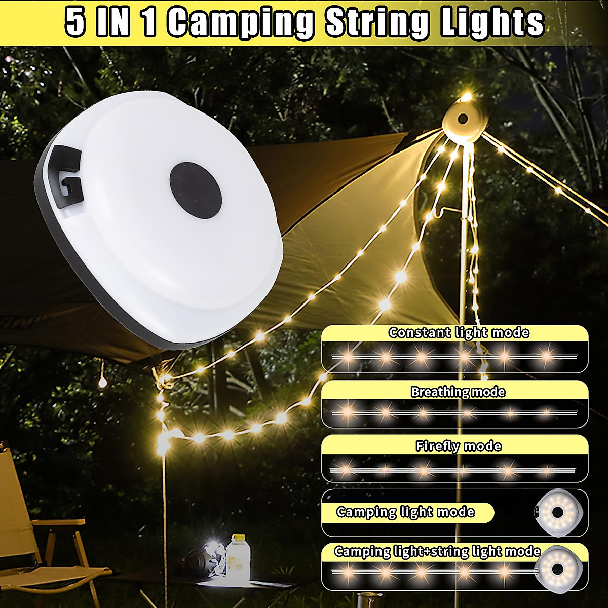 AMESEDAK Camping String Lights, 2 in 1 USB Rechargeable Outdoor String Lights(32.8Ft)