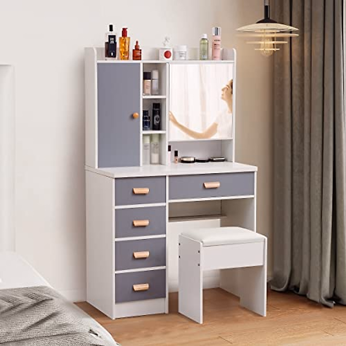 meolanov Large Vanity Desk Set with Mirror and Hidden Shelves & Cushioned Stool & 5 Drawers, White for Women Girls Bedroom