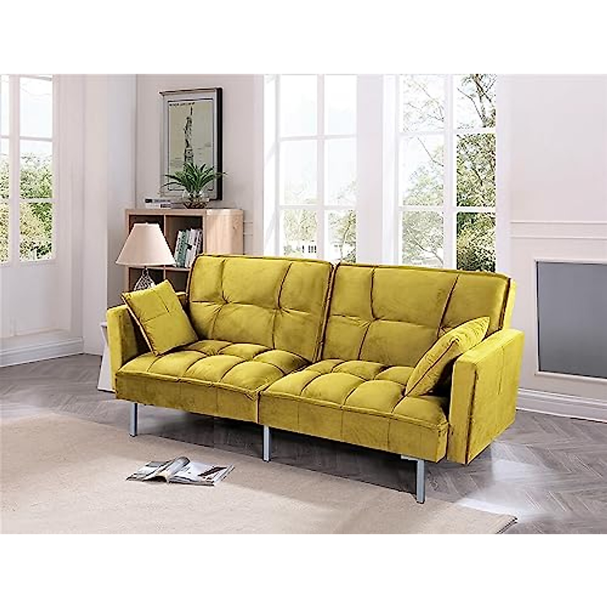 Container Furniture Direct Regal Convertible Sleeper Sofa Bed, Velvet Pull Out Couch with Mid-Century Style, Tufted Design and Metal Legs, Ideal for for Guests and Sleepovers, Greenish Yellow