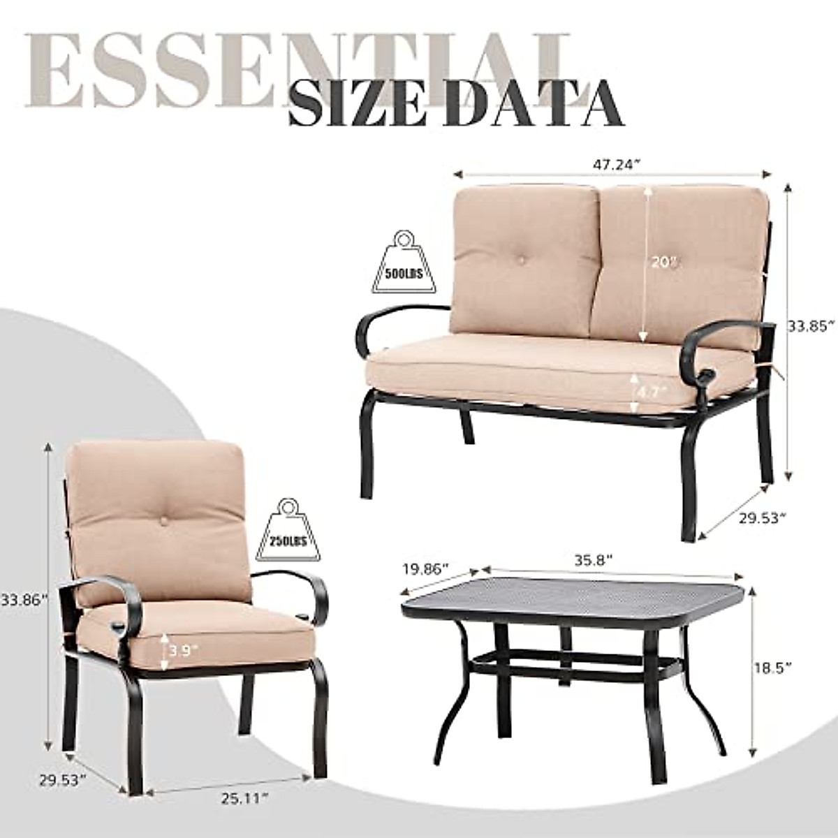 Crownland 4 Pieces Outdoor Furniture Patio Conversation Set (Loveseat, 2 Patio Dining Chairs, Coffee Table), Metal Frame is Suitable for Garden Yard Balcony (Brown)