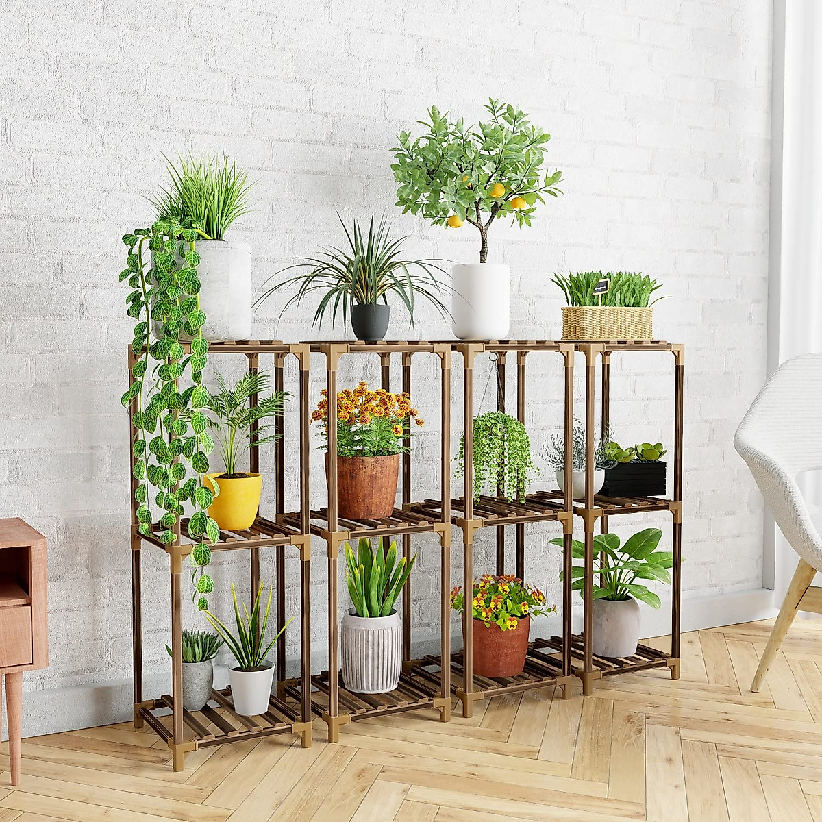 4 Pack Plant Stands Indoor, Flexible Combination Outdoor Wood Plant Stands for Multiple Plants, Plant Shelf Ladder Table Plant Pot Stand for Living Room, Patio, Balcony, Gardening Gift