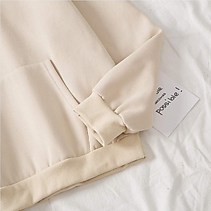 KEEVICI Women Kawaii Cartoon Cute Cat Graphic Casual Cotton Pullover Hoodies Sweatshirt Apricot