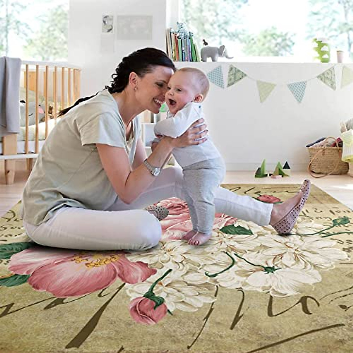 Oueoty Vintage Shabby Rose Flower Floral Area Rug Rugs for Living Room Bedroom 1.5x2.5ft/18x30in/45x75cm