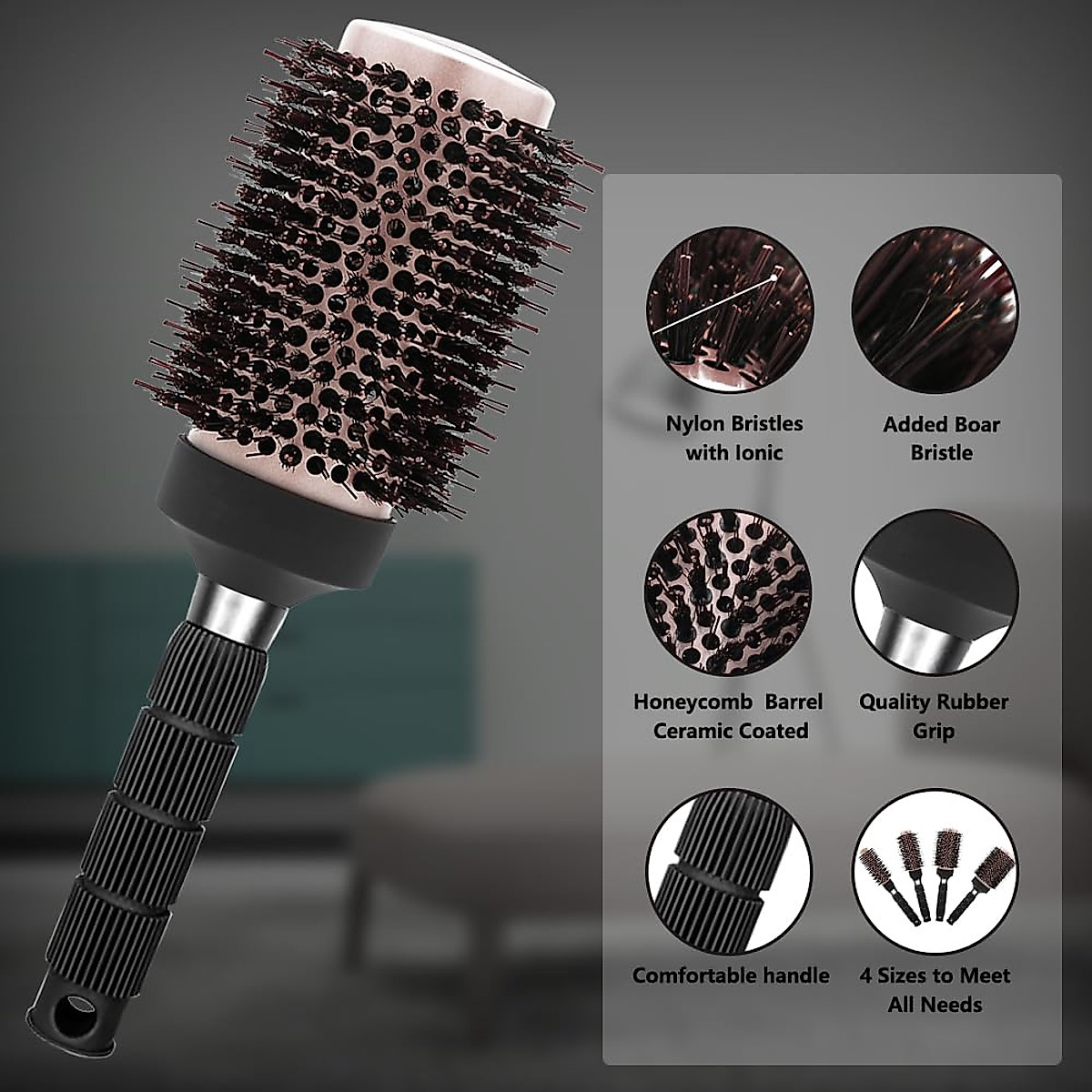 Aozzy Round Brush Set, Boar Bristle Round Brush for Blow Drying, 4 Different Sizes, Nano Thermal Barrel Round Hair Brush for Curling and Straightening, Drying, Styling, Blow Out Brush for Women