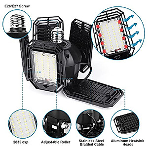 Luyata 2 Pack LED Garage Lights, 160W 16000LM 6500K Deformable LED Garage Ceiling Light Shop Lights with 5 Adjustable Panels for Garage Workshop Basement Support E26/E27 Screw Socket