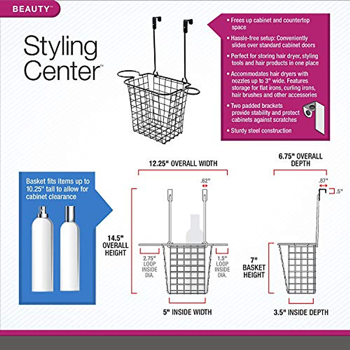 Spectrum Grid Over the Cabinet Styling Station (Satin Nickel) - Tall Bathroom & Under Sink Organizer for Hair Dryer, Beauty Tools, Accessories, & Home Essentials