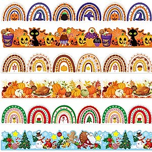 Nezyo 72 Pieces Christmas Bulletin Board Borders Thanksgiving Fall Bulletin Board Trim Halloween Winter Trim Rainbow Blackboard Border Sticker School Decoration Borders, 6 Styles (Cute Style)