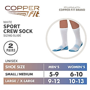 Copper Fit unisex adult Crew Sport - 2 Pack Running Socks, White, Small-Medium US