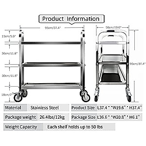 Marada 3 Tier Stainless Steel Utility Cart with Locking Wheels Shelf Kitchen Cart Trolley 37'' L x 19'' W x 37''H Utility Rolling Serving Catering Storage for Kitchen Restaurant Hotels