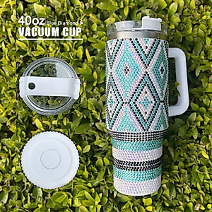 Cupcupmore 40oz Blue Diamond Bling Rhinestone Stainless Steel Sippy Tumbler Glitter Vacuum Insulated Water Bottle with Straw & Lid &Handle,Thermos for Hot & Cold Drinks,Car Cup Holder,Coffee
