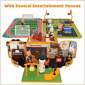 Kids Dollhouse Playset - Portable School Bus Doll House Toys with 46 Furniture Accessories and Critter Animal Doll, Toddler Pretend Play Educational Car Toys for Boys Girls Birthday Gift Ages 4 5 6