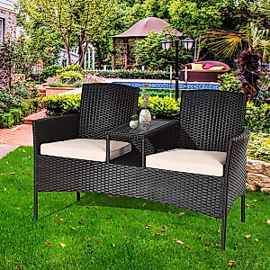 COSTWAY 2-Seat Patio Conversation Sets, Outdoor Patio Loveseat Set with Removable Cushions & Built-in Coffee Table for Backyard, Garden, Lawn, Balcony, Brown+Beige