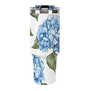 40 Oz Vacuum Tumbler with Light Rose Red Handle Leakproof Insulated Tumbler Blue Hydrangea Pattern Stainless Steel Travel Mug with Lid And Straw Coffee Cup Cute Water Bottles Cup Holder Friendly