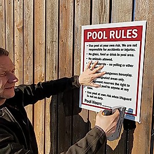 SmartSign 24 x 18 inch “Pool Rules - Use Pool At Your Own Risk, No Glass, Pool Hours” Write-On Sign, Digitally Printed, 160 mil Corrugated Plastic, Red, Black and White