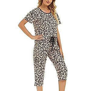 LOCUBE Women's Pajama Sets Soft Comfy Pj Set Short Sleeve Tops and Capri Pants with Pockets (#9 Leopard, Medium)