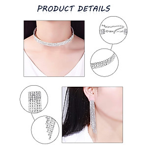 Women Rhinestone Stretch Bracelet Bangle Crystal Rhinestone Necklace Ring Dangle Fringe Earrings (Silver)