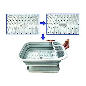 SAMMART Collapsible Dish Drainer with Drainer Board - Foldable Drying Rack Set - Portable Dinnerware Organizer - Space Saving Kitchen Storage Tray (1, Grey)