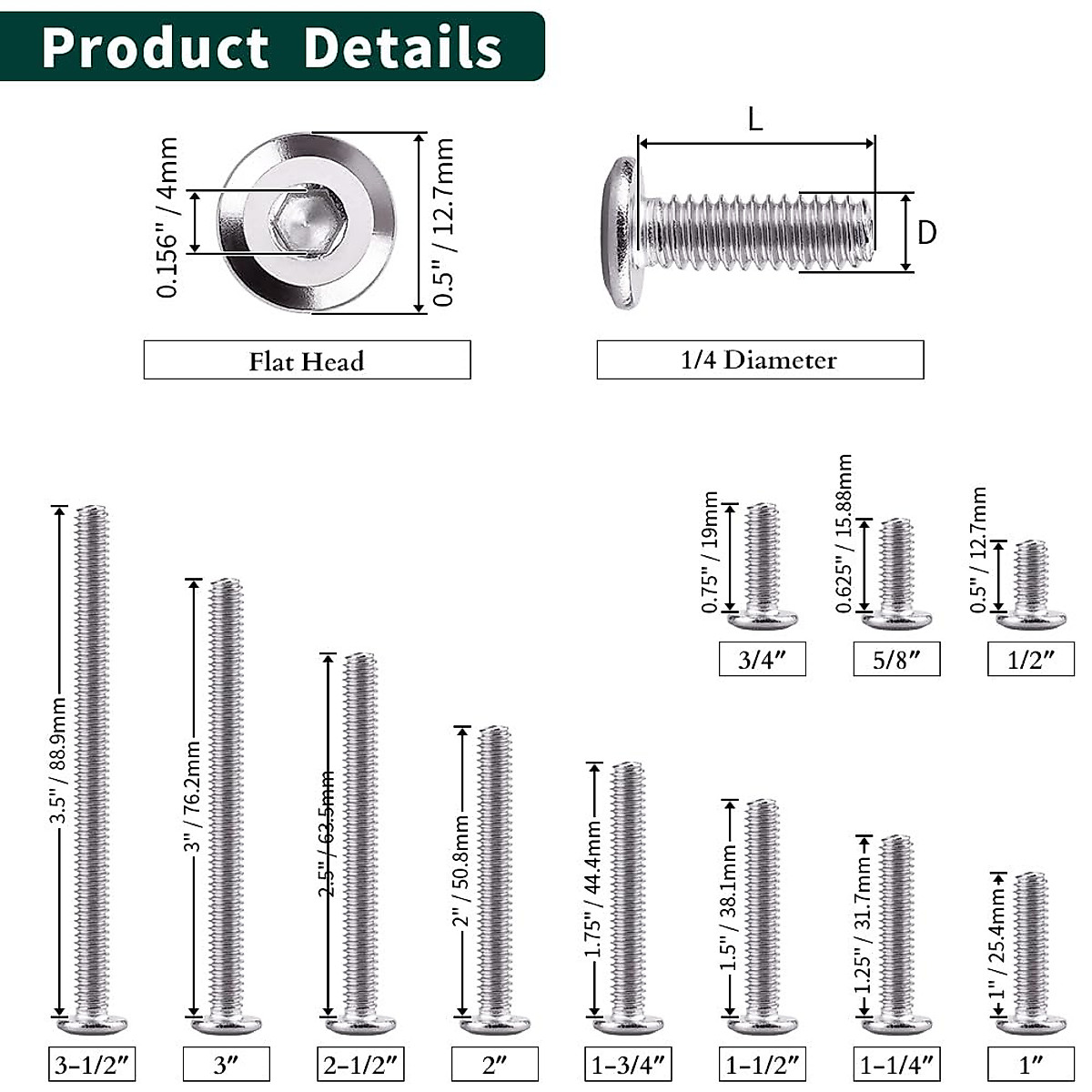 1/4-20 x 1-1/2" Hex Socket Head Cap Screws, 304 Stainless Steel 18-8, Chamfered Countersunk Machine Screws for Furniture, Binding, Machinery, Automotive, DIY Projects, 50 PCS