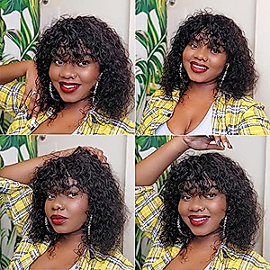 Acantam 150% Density Curly Wig with Bangs Grade 10A Virgin Human Hair Wig for Black Women Curly Human Hair Wig Glueless None Lace Front Wig Natural Black Color(16 Inch)
