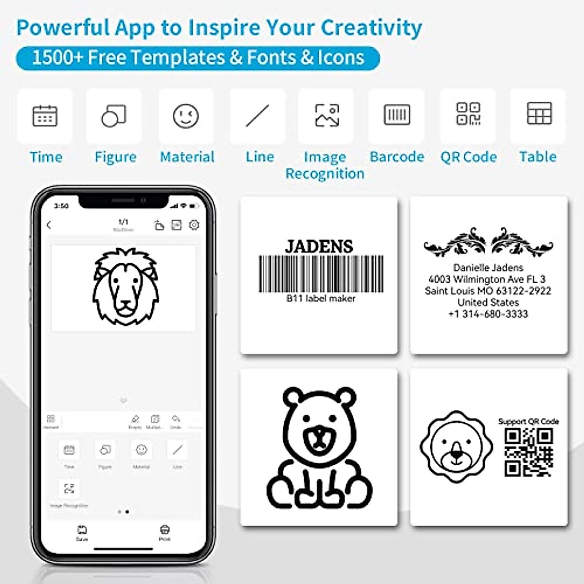 JADENS Label Makers, Bluetooth Label Printer for Barcode, Address, Clothing, Mailing, Small Business, Home, Portable Label Maker Compatible with iOS & Android, with 1Pack 50×30mm Label