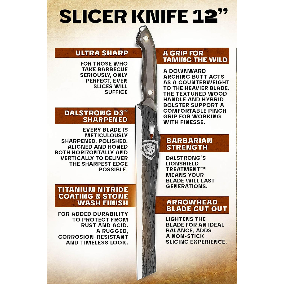 Dalstrong Slicing Knife - 12 inch Carving - Barbarian Series - Premium Swedish 14C28N High Carbon Stainless Steel - Brown Stabilized Wood Handle - Leather Sheath