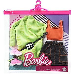 Barbie Fashions 2-Pack Clothing Set, 2 Outfits Doll Includes Green Sweatshirt Dress, Orange Sleeveless Top & Black Skirt & 2 Accessories, Gift for Kids 3 to 8 Years Old