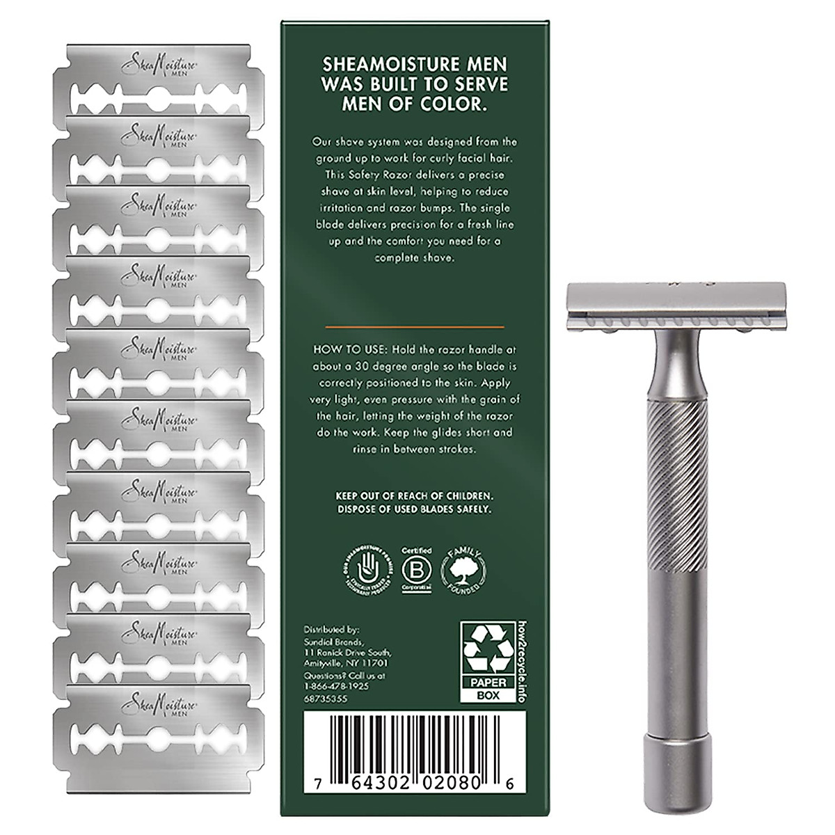 Shea Moisture Men, Double Edge Safety Razor with 10 Refill Double Edge Razor Blades for Men, Platinum Coated, Stainless Steel, Dad Gifts, 1 Razor Handle & 10 Razor Blades per Box