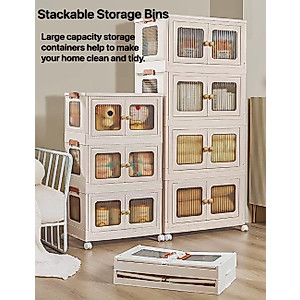 Storage Bins,Plastic Storage Containers with Lids, 8.55Gal Foldable Storage Cabinet, 34QT Collapsible Storage Bins with Doors, Clear Storage Box for Toy, Stackable Storage Bin with Wheels(3 Pack)