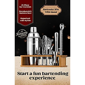 KITESSENSU Cocktail Shaker Set Bartender Kit with Stand | Bar Set Drink Mixer Set with All Essential Bar Accessory Tools: Martini Shaker, Jigger, Strainer, Mixer Spoon, Muddler, Liquor Pourers |Silver