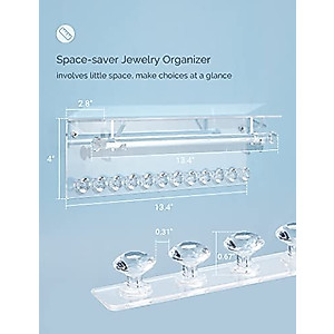 Mymazn 2 Pack Acrylic Necklace Holder with Shelf, 12 Diamond Shape Hooks and Removable Bracelet Rod, Wall Mounted Jewelry Organizer Hanging Jewelry Rack Clear Jewelry Hangers for Necklace, Bracelet