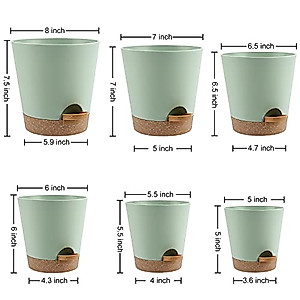YNNICO Indoor Self Watering Planters with Drainage Holes and Saucers, 8, 7, 6.5, 6, 5.5, 5 Inches, Green, 6 Pots