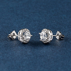 18K White Gold Plated Stud Earrings Round Square Cut Cubic Zirconia Halo Earrings for Women Men Sensitive Ears (2 Pairs)