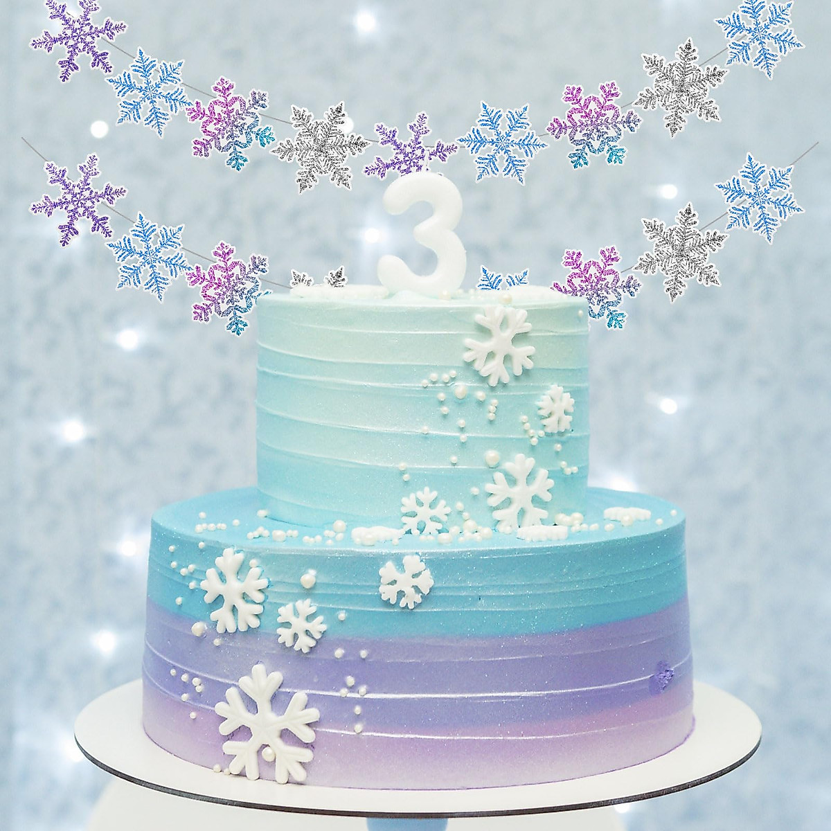 TaoBary 2 Pack Frozen Snowflake Banner Garland Frozen Birthday Party Decorations Winter Snowflake Banners Blue Purple Silver Glitter Snowflake Garland for Wonderland Baby Shower Decorations