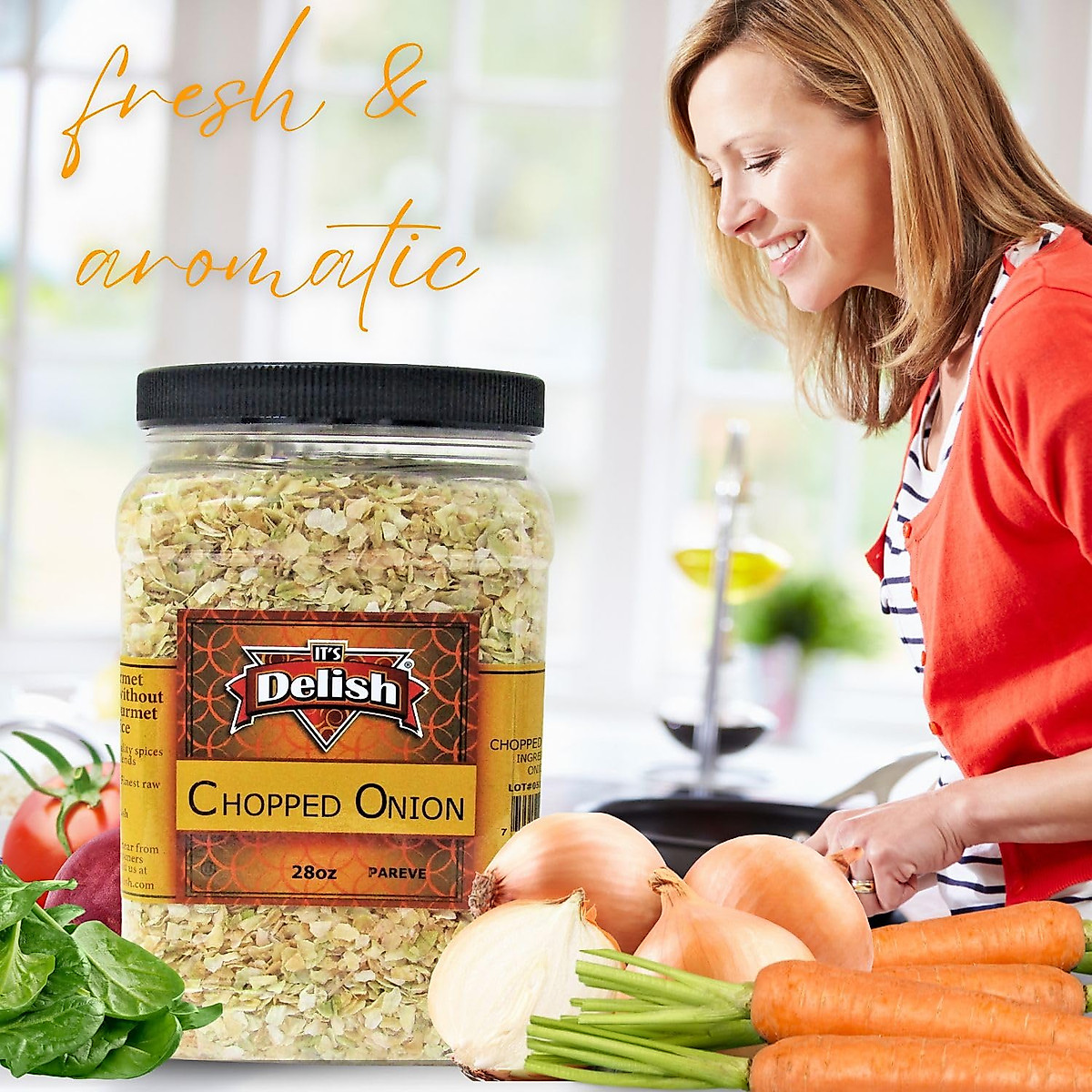Dried Chopped Onion by It’s Delish, 28 Oz Jumbo Reusable Container – All Natural Dehydrated Onion Flakes | Delicious & Fresh Onions Taste – No Preservatives, Certified Kosher