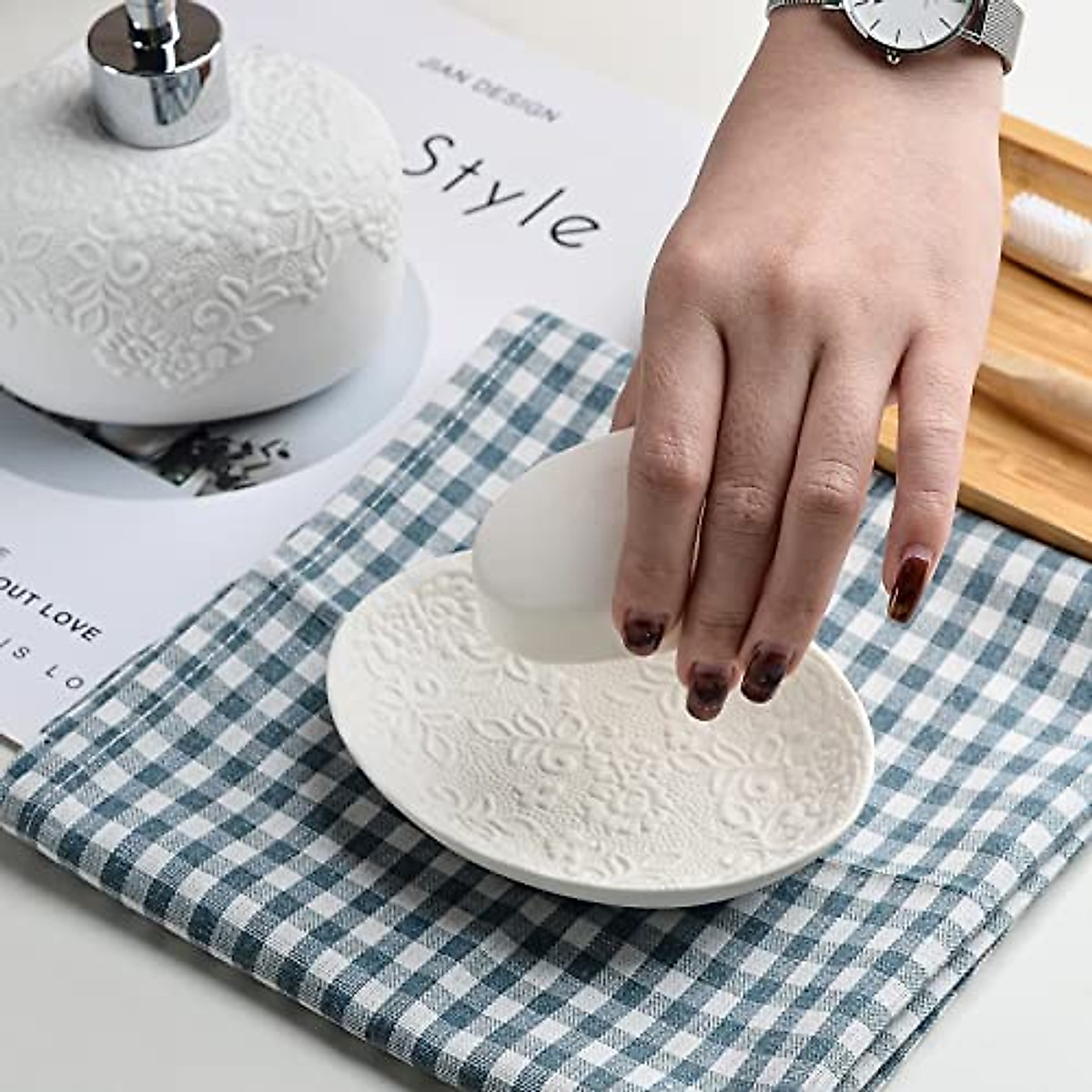 Bathroom Accessories Set with Embossed Design 5PCS, Ceramic White Bathroom Accessory Set, 2Pcs Bathroom Soap Dispenser 14oz, 2Pcs Tumbler Cup, 1Pcs Soap Dish, ANTIS'S HOME