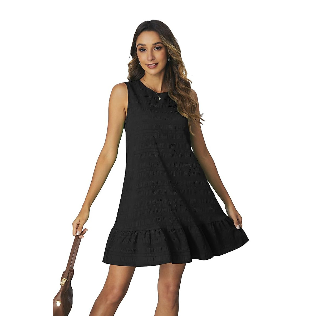 SOLY HUX Women's Ruffle Hem Sleeveless Tank Dress Round Neck Casual Smock Summer Mini Dresses Plain Black