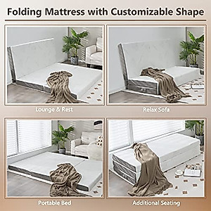 GOFLAME Memory Foam Tri-Fold Mattress, 4” Foldable Floor Mattress with Storage Bag & Removable Cover, Cool Gel Memory Mattress with Bamboo Fabric for Guest Room, Living Room, RV, Camp (Queen)