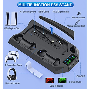 PS5 Stand with Cooling Station PS5 Controller Charging Station for Playstation 5 PS5 Console Edition, PS5 Accessories-Cooler Fan/Remote Charger/Headset Holder(Not Fit 2023 PS5 Slim Disc/Digital)